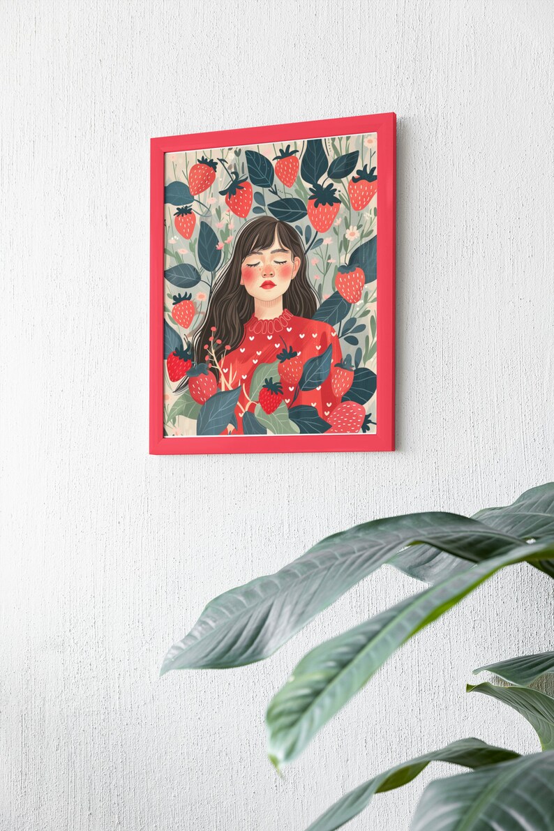 Strawberry Lady Folk Print 9x11 Folk Art Print Strawberry Room Decor ...