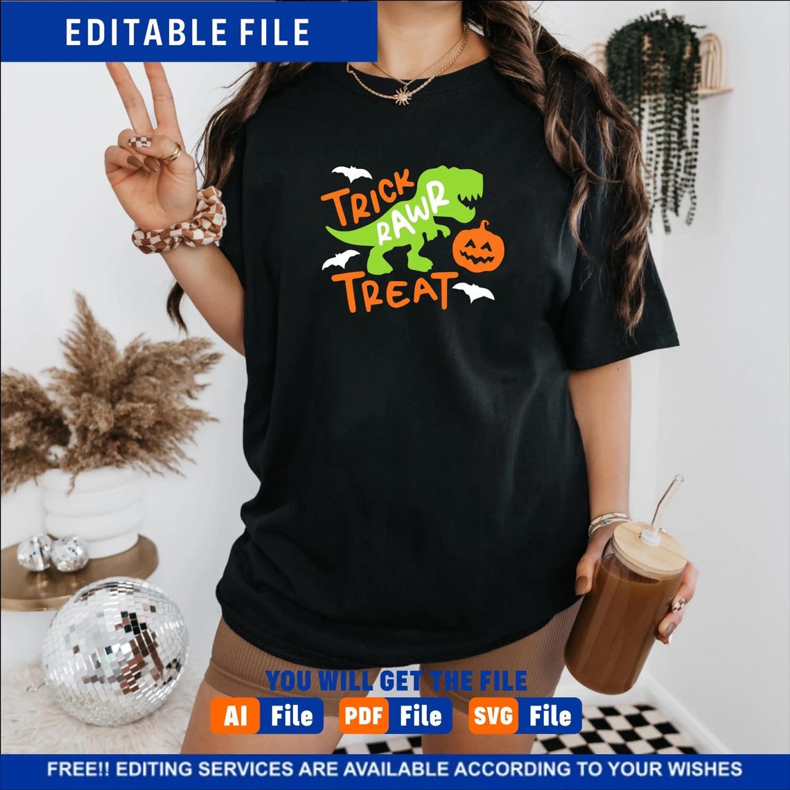 Trick Rawr Treat Svg, Dinosaur Svg, Funny Halloween Svg, T-rex With Pumpkin Svg, Dxf, Eps, Png ...