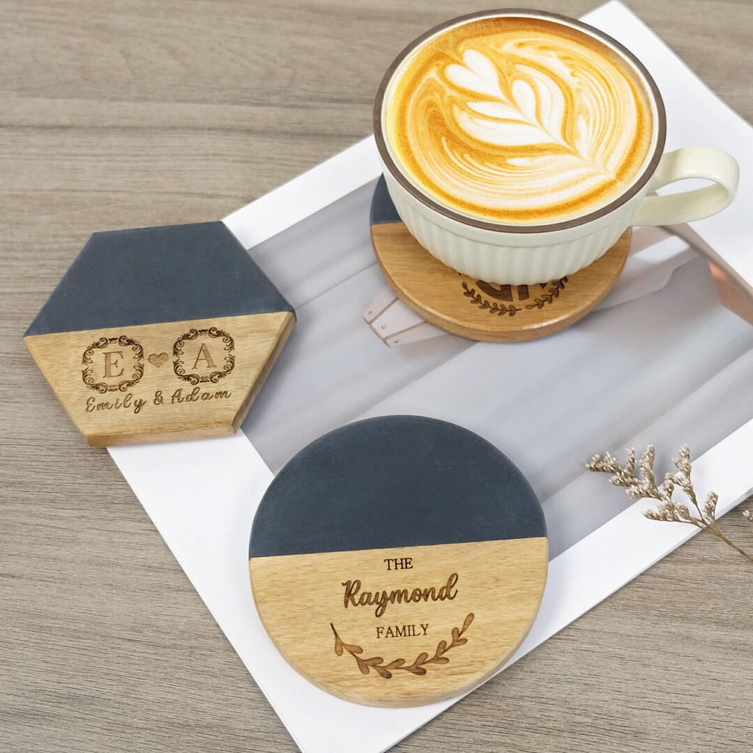 Custom Engraved Marble Wood Coaster Set, Personalized Decor Gift for ...