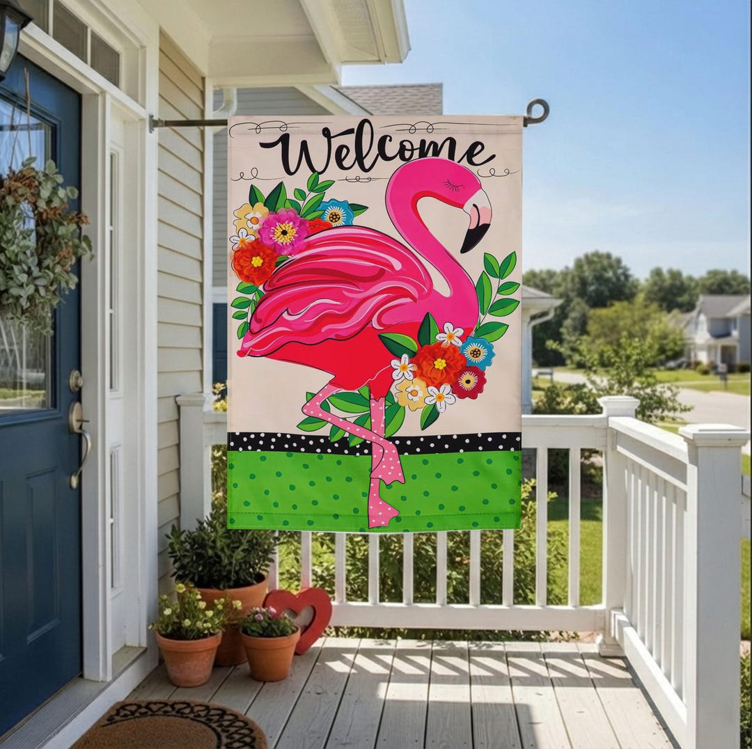Floral Flamingo Welcome Linen House Flag, Tropical Outdoor Decor - Etsy