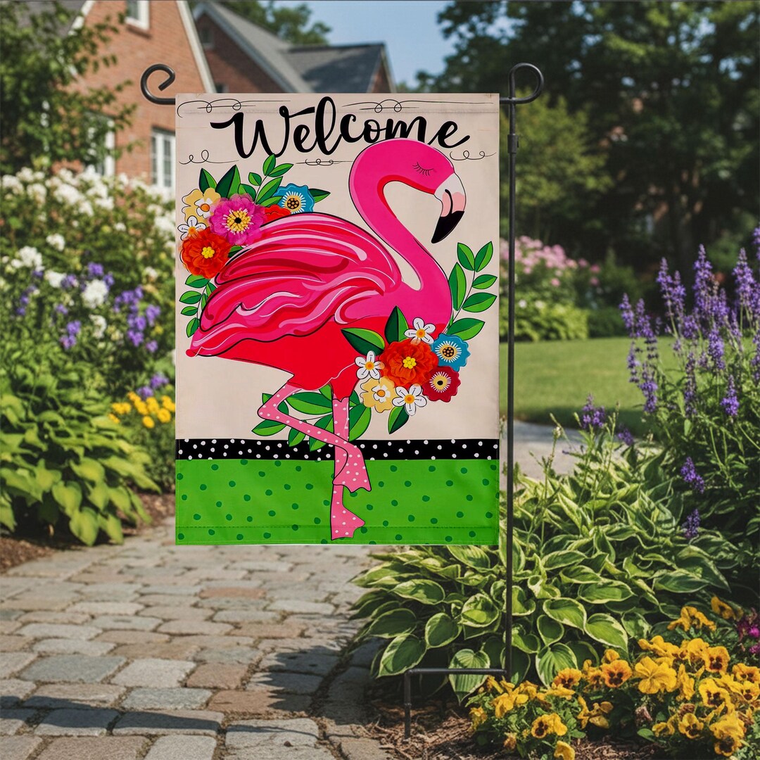 Flamingo Welcome House Flag, Summer Tropical Floral Outdoor Decor for ...