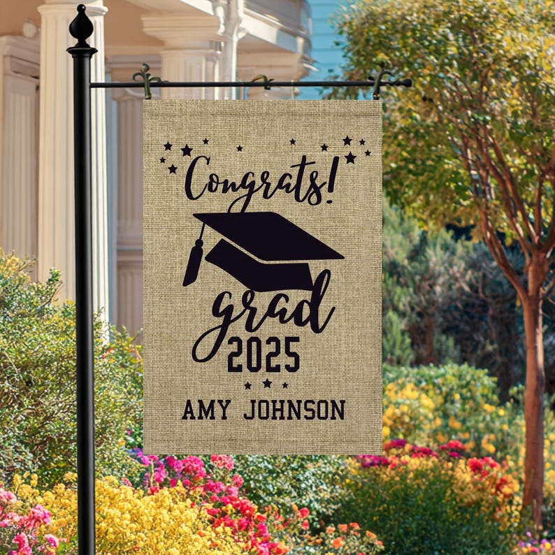 Personalized Graduation Garden Flag, Custom Congrats Grad Burlap Banner ...