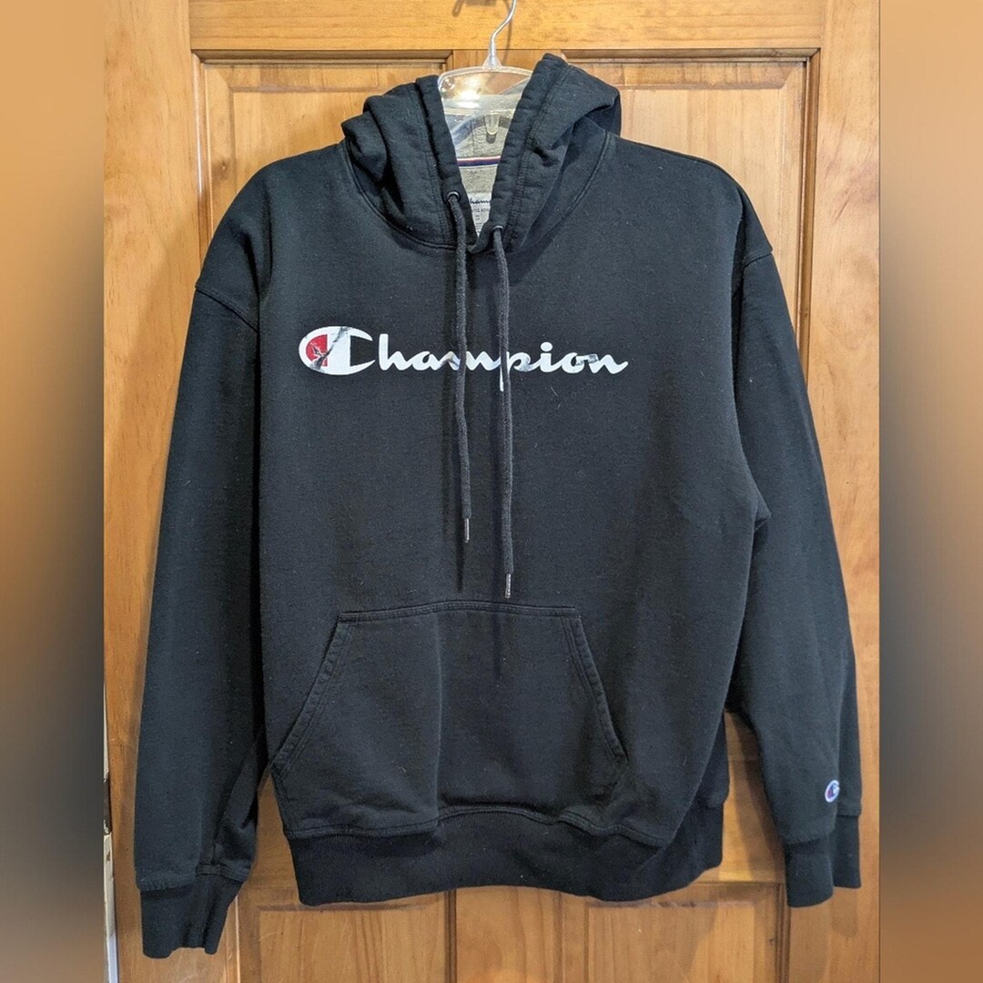 Men's Black Champion W/ Logo Across Chest Hoodie W/ Pocket Large - Etsy