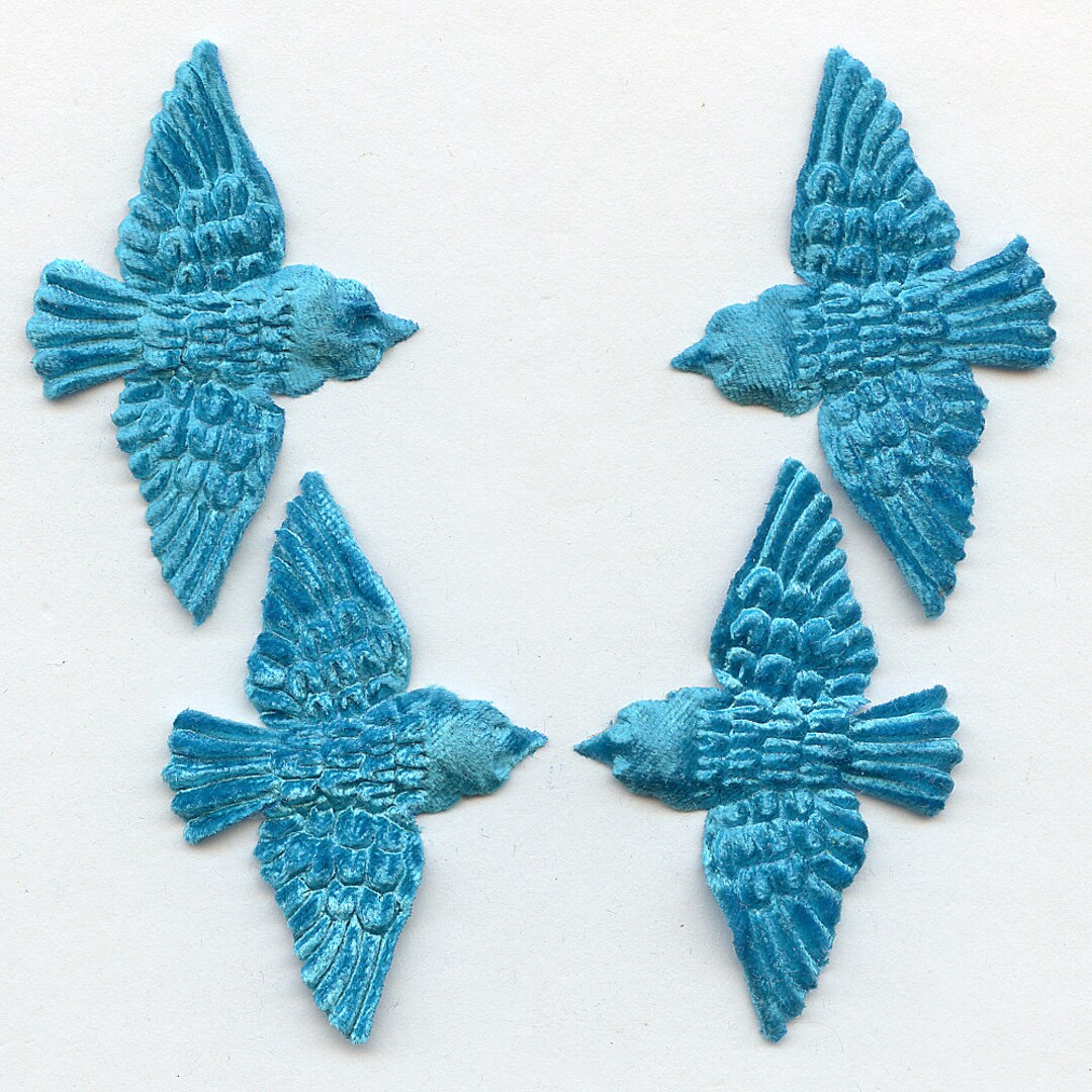 Small TURQUOISE BIRDS 4 Velvet Millinery Pressed Pieces Embossed From ...