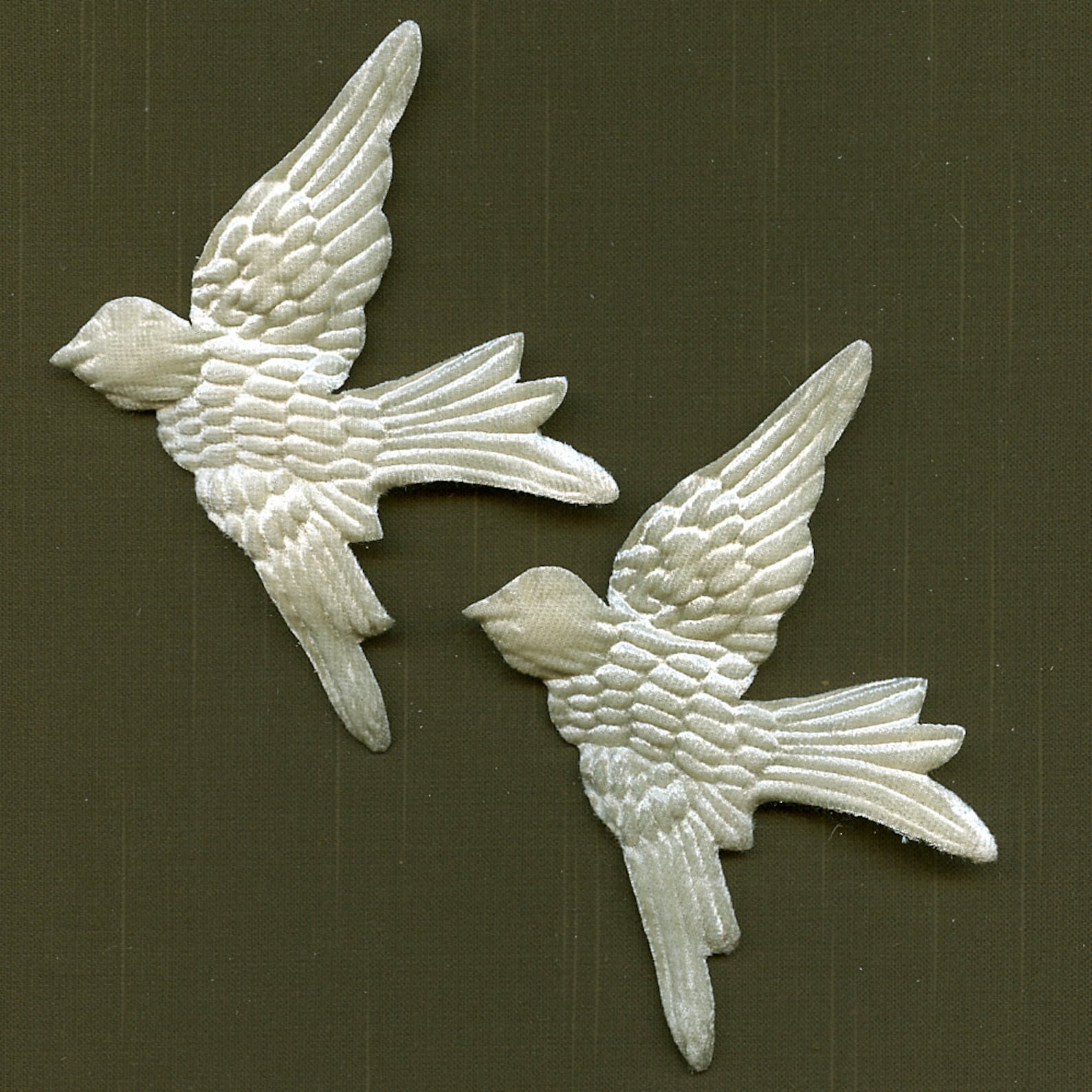 Pair off White VELVET BIRDS (2) Millinery Pressed Pieces Large Embossed ...
