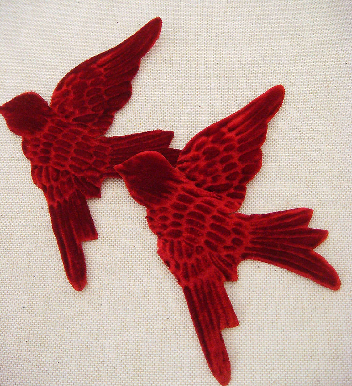 Pair RED VELVET BIRDS Millinery Ruby Pressed Pieces Large Embossed From ...