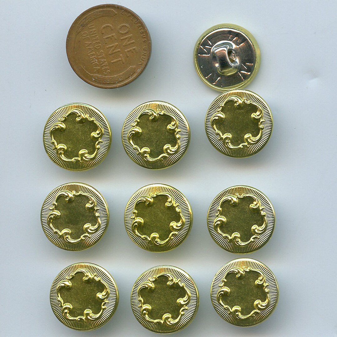 Set of 10 Matching Metallic Bright Gold Colored Metal Buttons 5/8 Inch ...