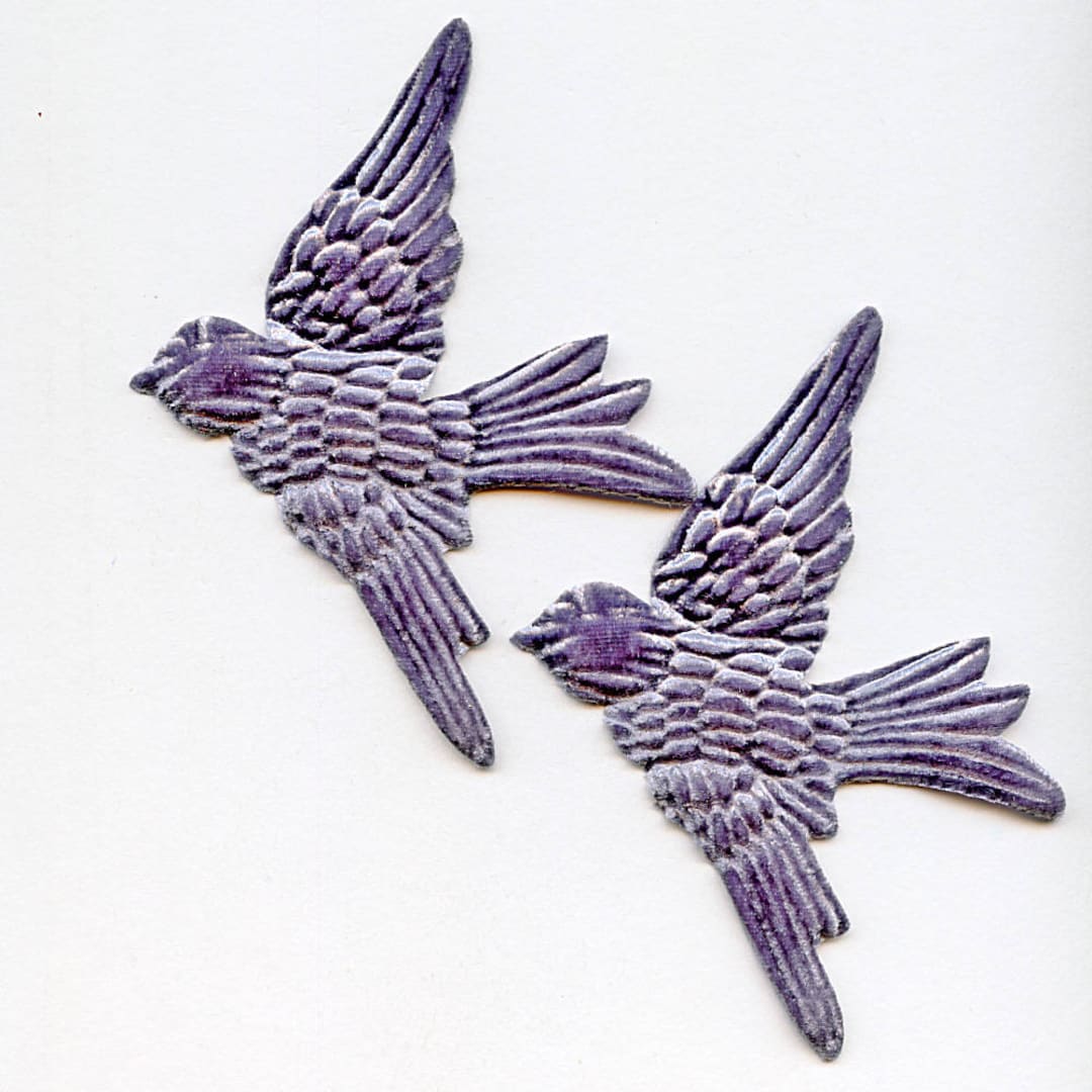 Pair SILVER Gray Velvet BIRDS Millinery Pressed Pieces Large Embossed ...