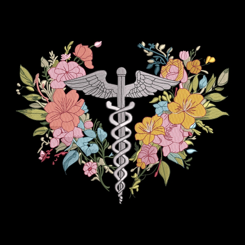 Floral Caduceus Heart Embroidery Design, Medical RN Doctor Nurse Symbol ...