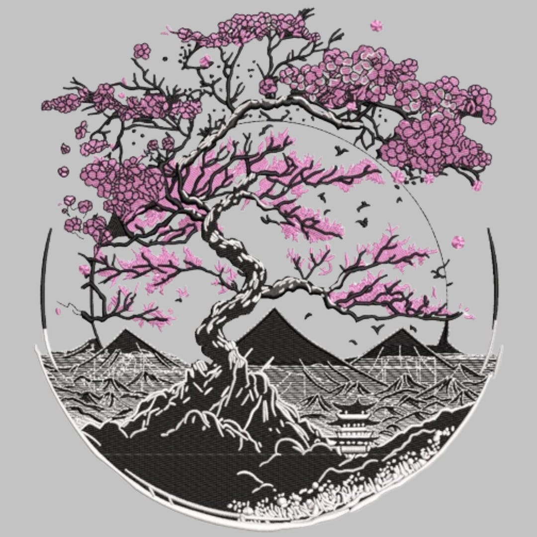 Sakura Tree Embroidery Design, Pink Balloon Tree With Mountains ...
