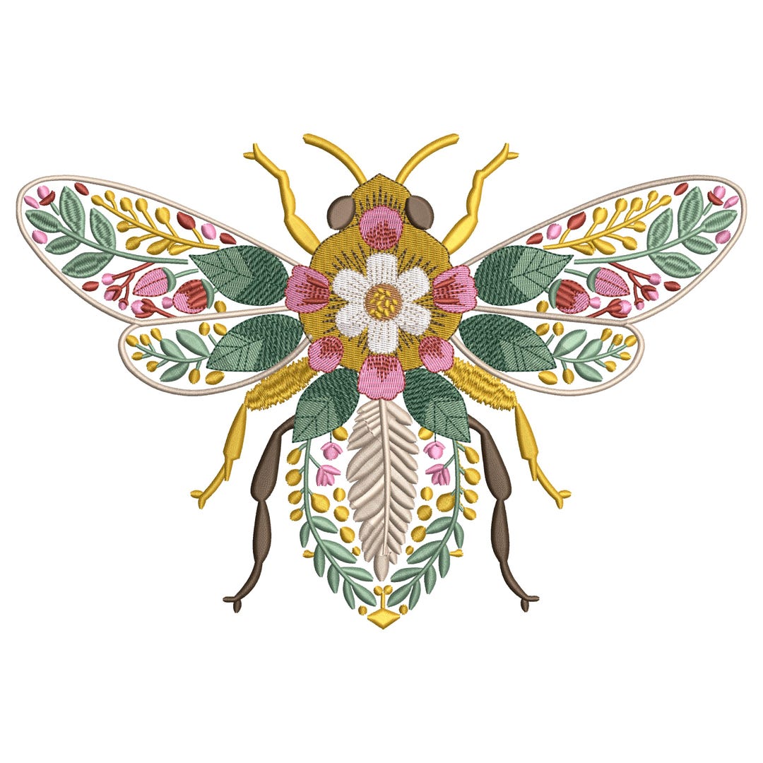 Bee Floral Embroidery Design, Detailed Flower Bee Machine Pattern ...