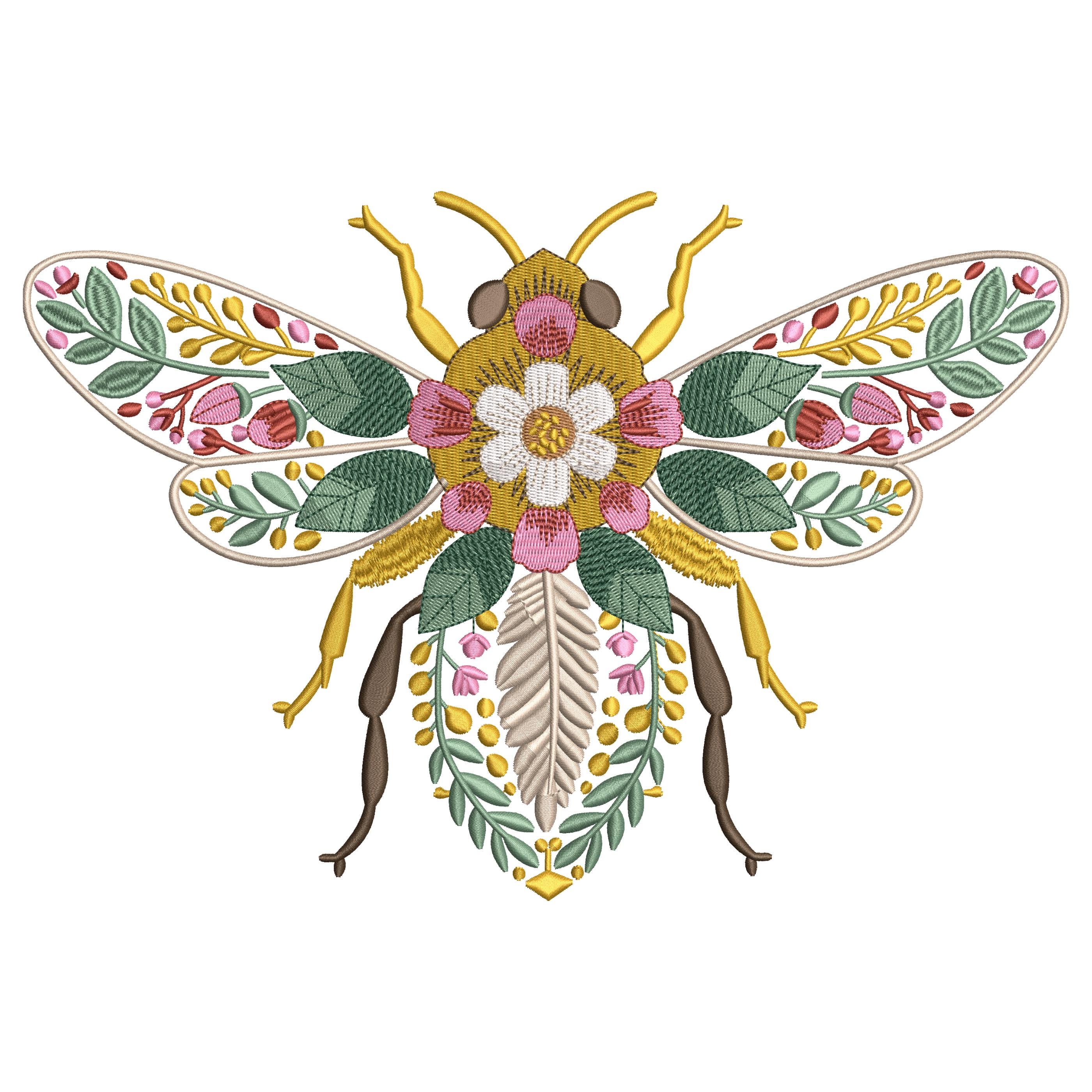 Bee Floral Embroidery Design, Detailed Flower Bee Machine Pattern ...