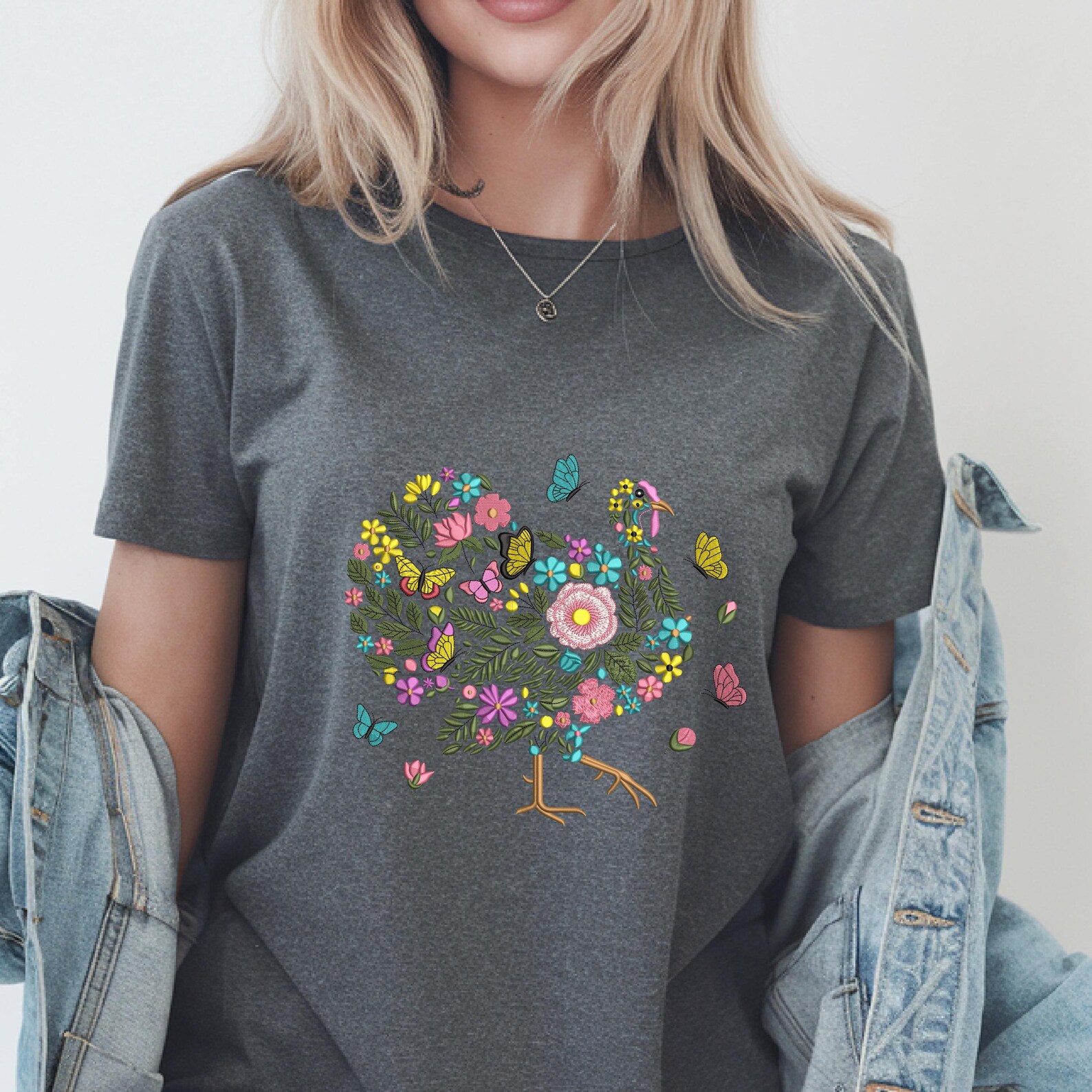 Boho Floral Turkey Embroidery Design, Autumn Bird With Butterflies ...