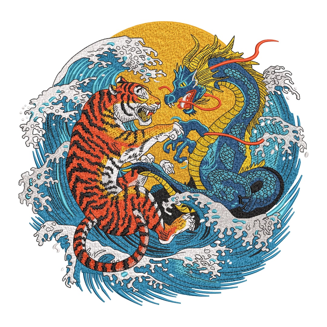 Tiger Vs Dragon Embroidery Design, Japanese Mythical Battle, Samurai ...