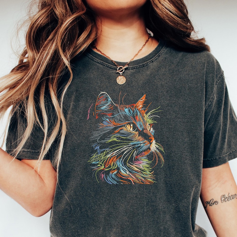 Colorful Thread Art Cat Embroidery Design, Fluffy Rainbow, Cat ...