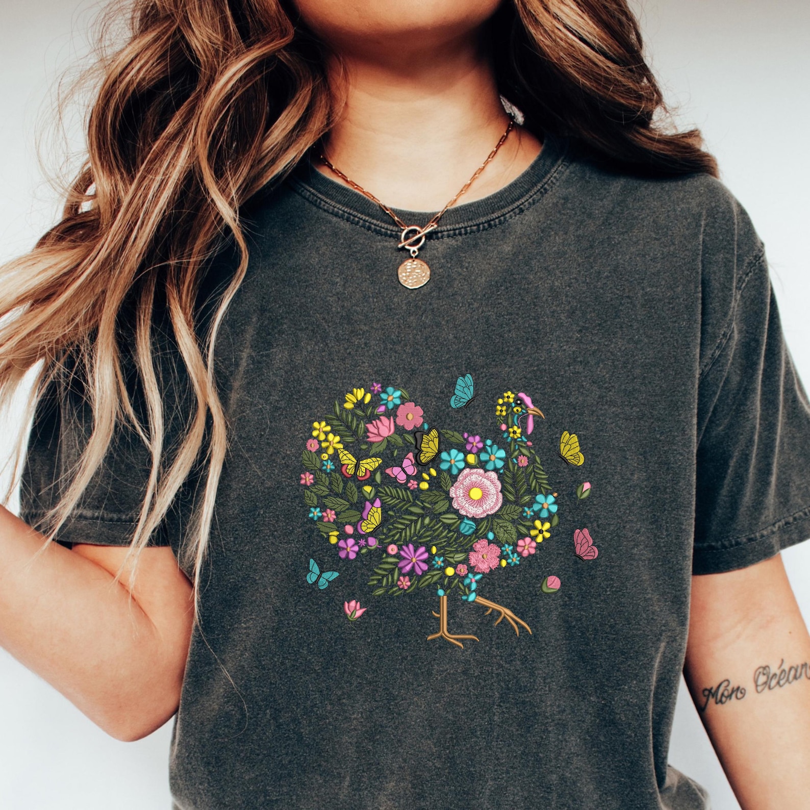 Boho Floral Turkey Embroidery Design, Autumn Bird With Butterflies ...