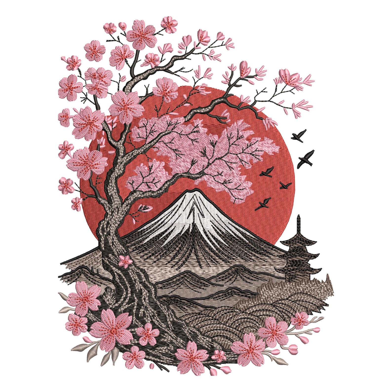 Sakura Mountain Embroidery Design, Fuji Tree Machine Embroidery Pattern ...