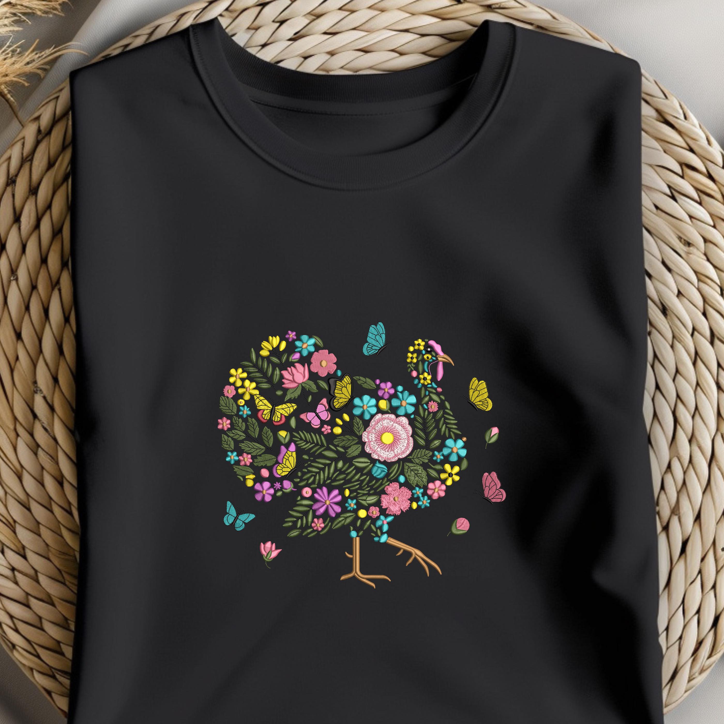 Boho Floral Turkey Embroidery Design, Autumn Bird With Butterflies ...