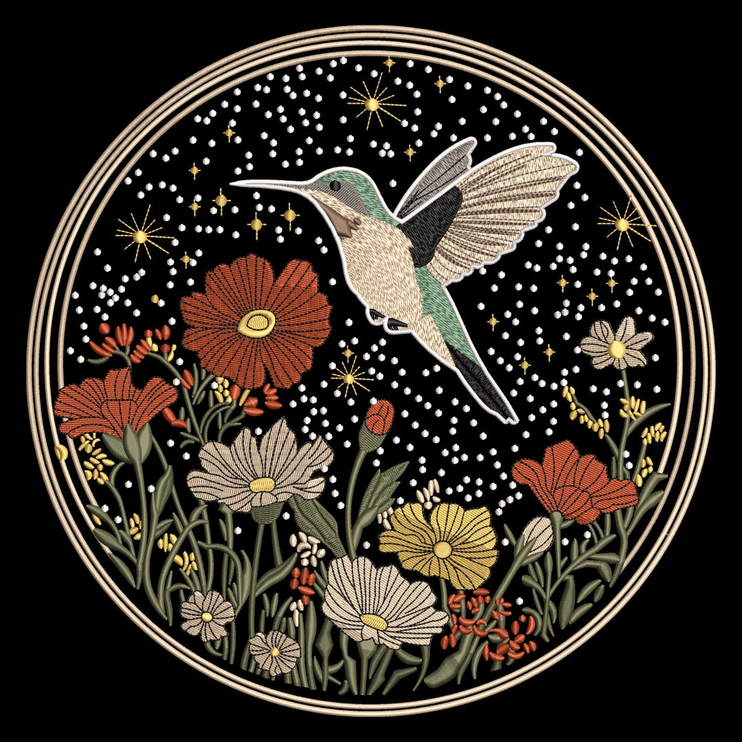 Hummingbird Floral Round Embroidery Design, Circle Nature Pattern ...