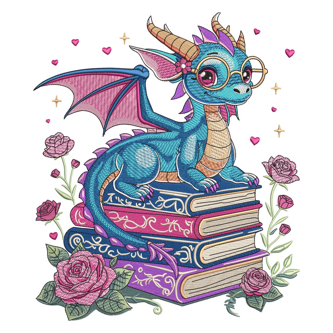 Cute Dragon on Books Machine Embroidery Design, Fantasy Book Lover ...