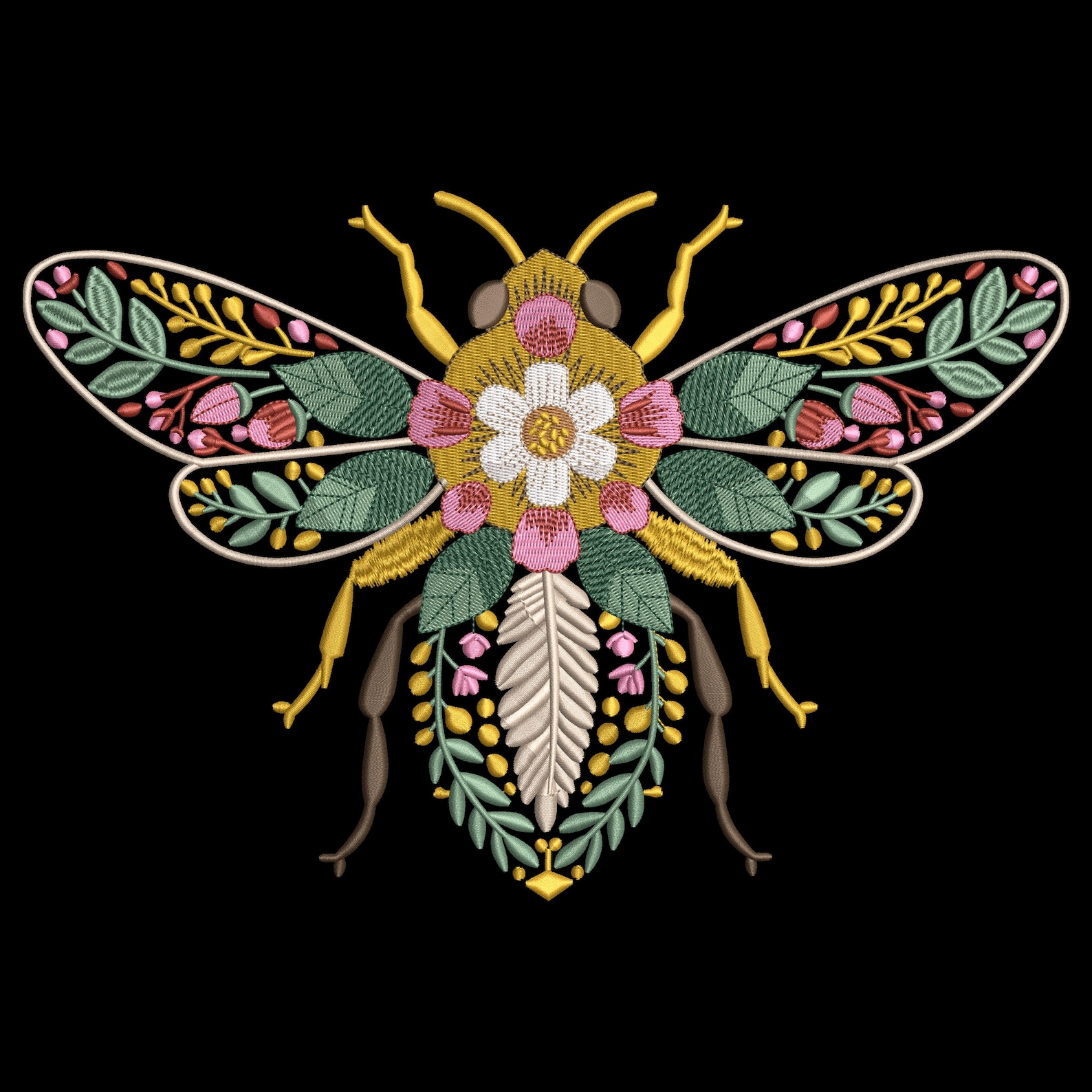 Bee Floral Embroidery Design, Detailed Flower Bee Machine Pattern ...