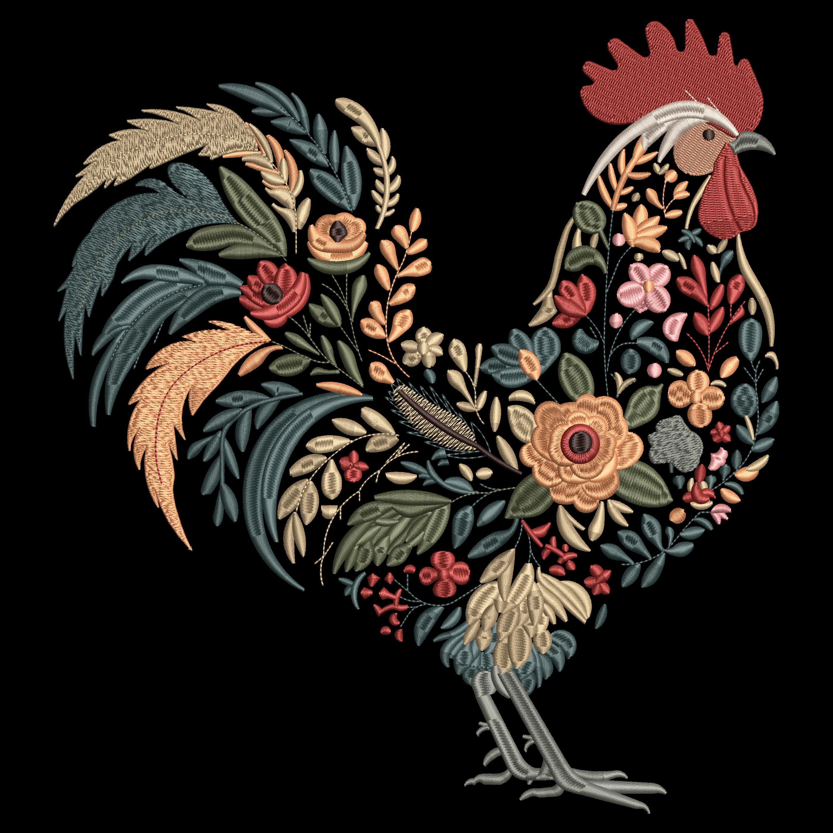 Floral Rooster Embroidery Design, Farmhouse Chicken Machine Embroidery ...