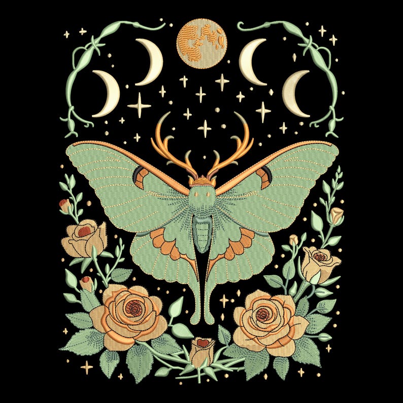 Celestial Moth Embroidery Design, Antler Moth With Roses, Boho Moon ...