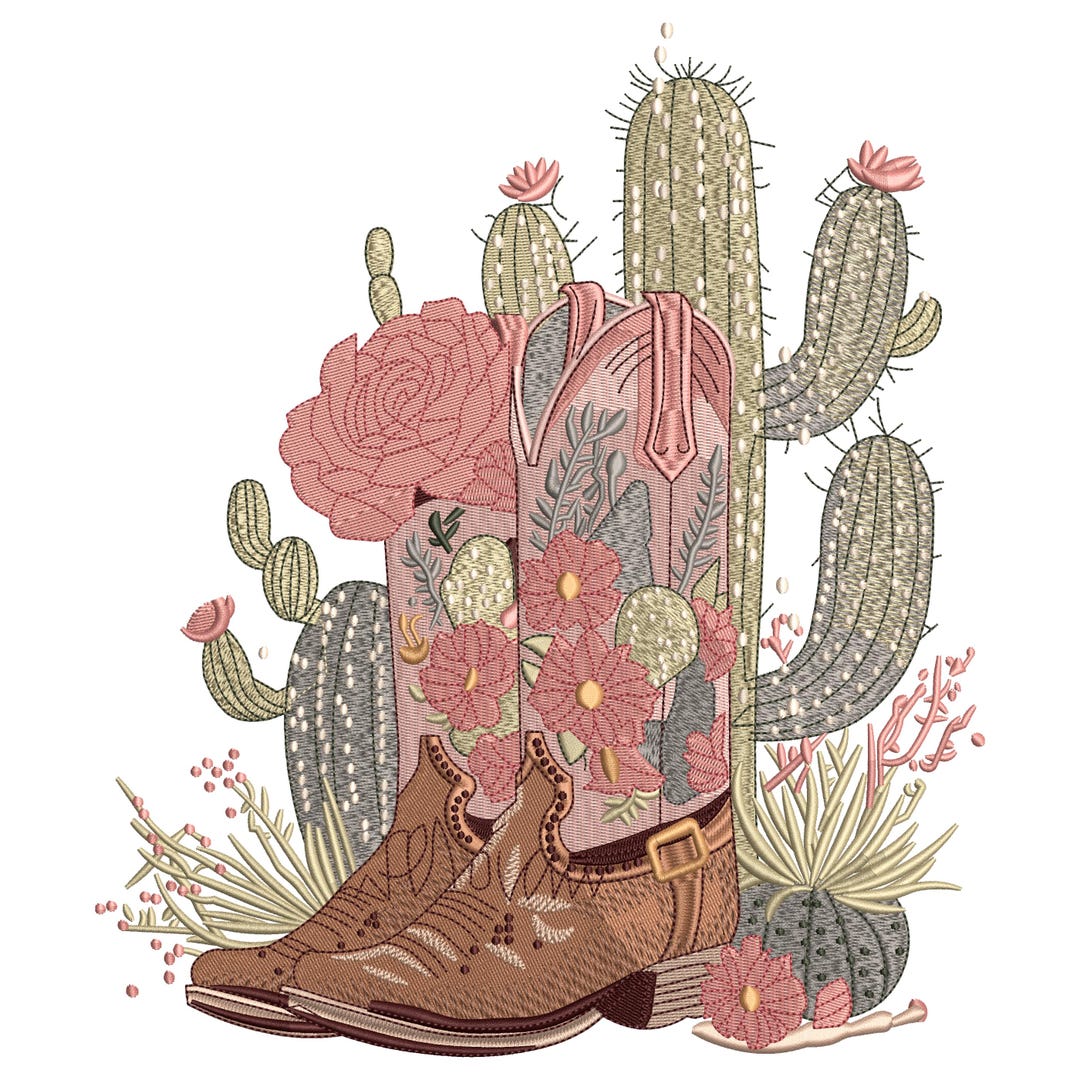 Cowboy Boots Embroidery Design, Floral Western Cactus Pattern, Desert ...