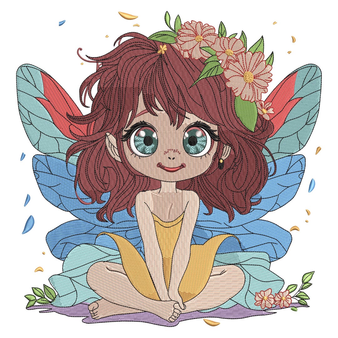 Cute Fairy Embroidery Design, Kawaii Fairy Girl With Flowers, Fantasy ...