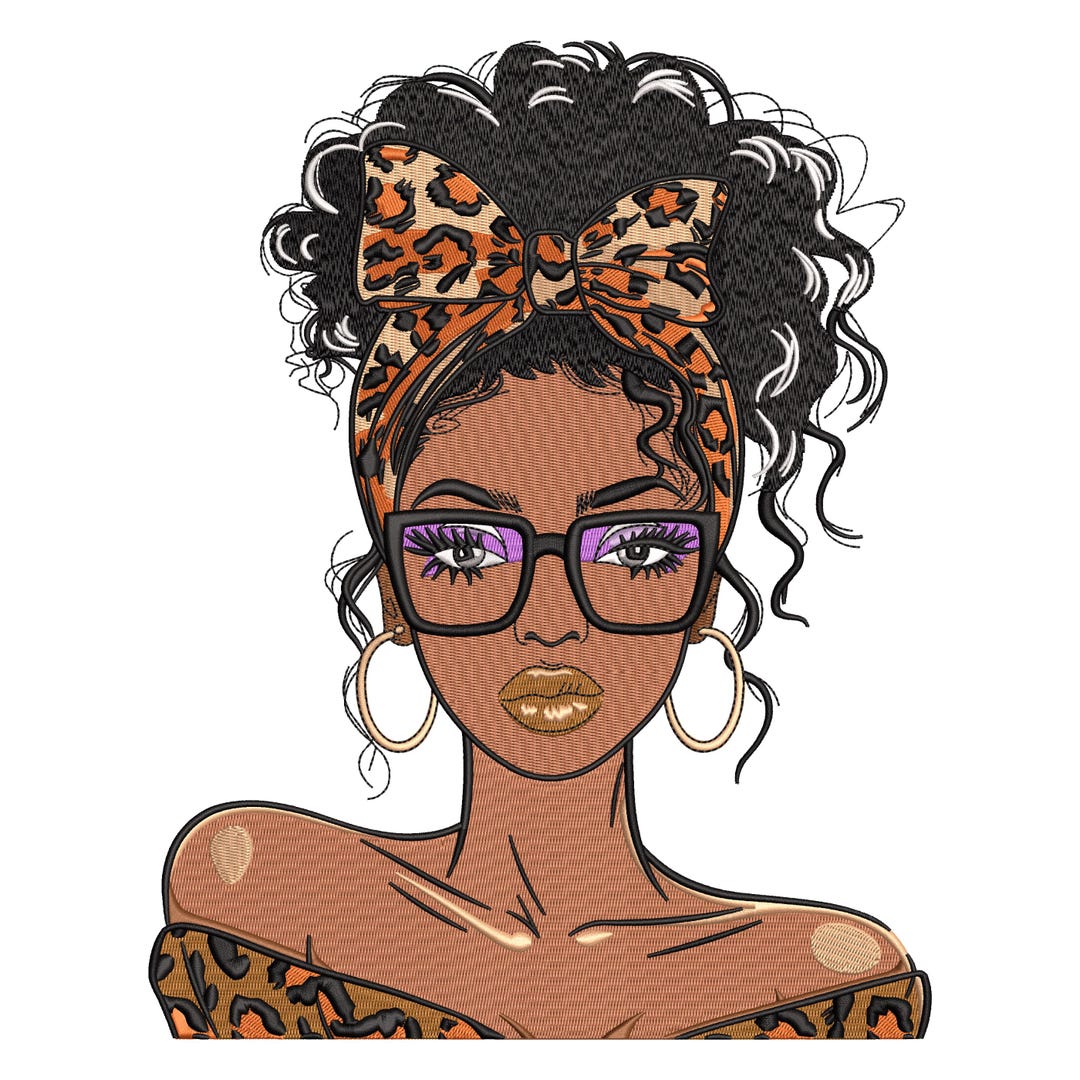 Stylish Black Woman Embroidery Design With Glasses & Headwrap, Fashion ...