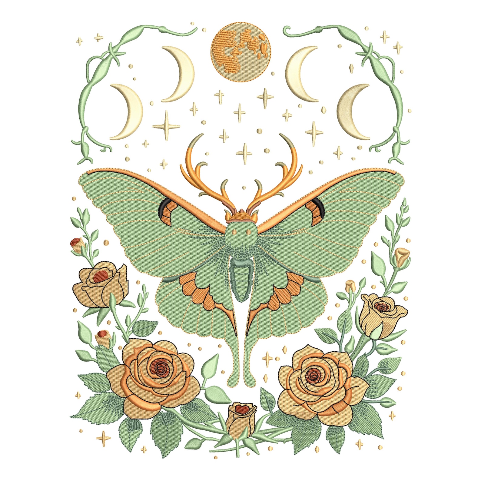 Celestial Moth Embroidery Design, Antler Moth With Roses, Boho Moon ...