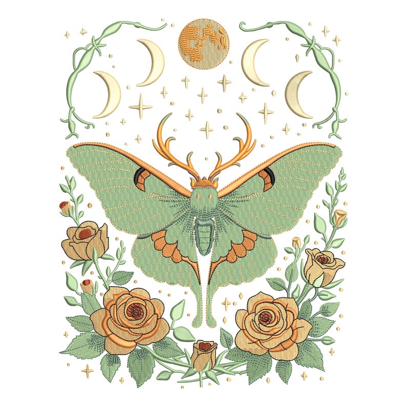 Celestial Moth Embroidery Design, Antler Moth With Roses, Boho Moon ...