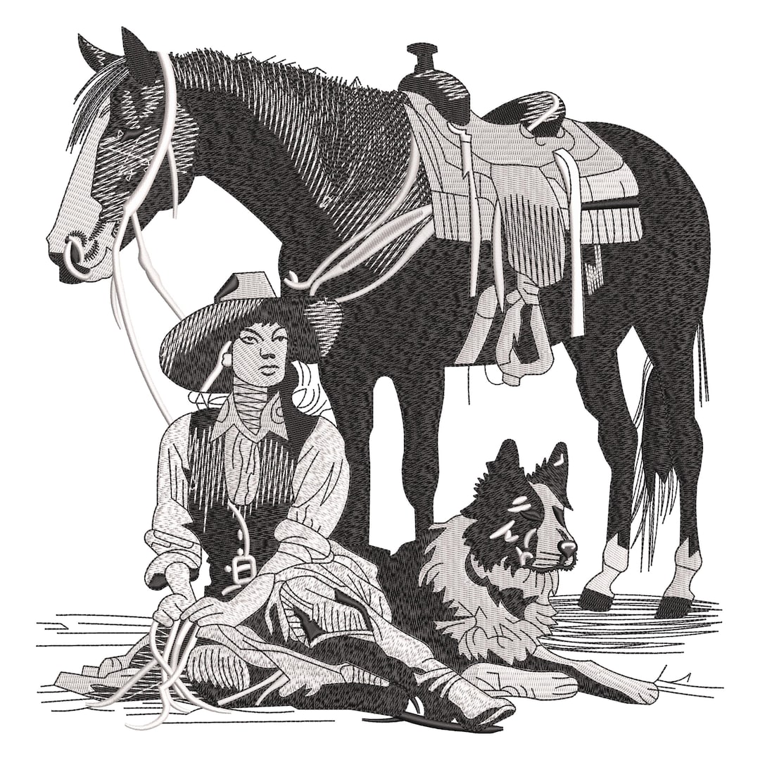 Cowgirl With Horse & Dog, Western Line Art Embroidery Design, Rustic ...