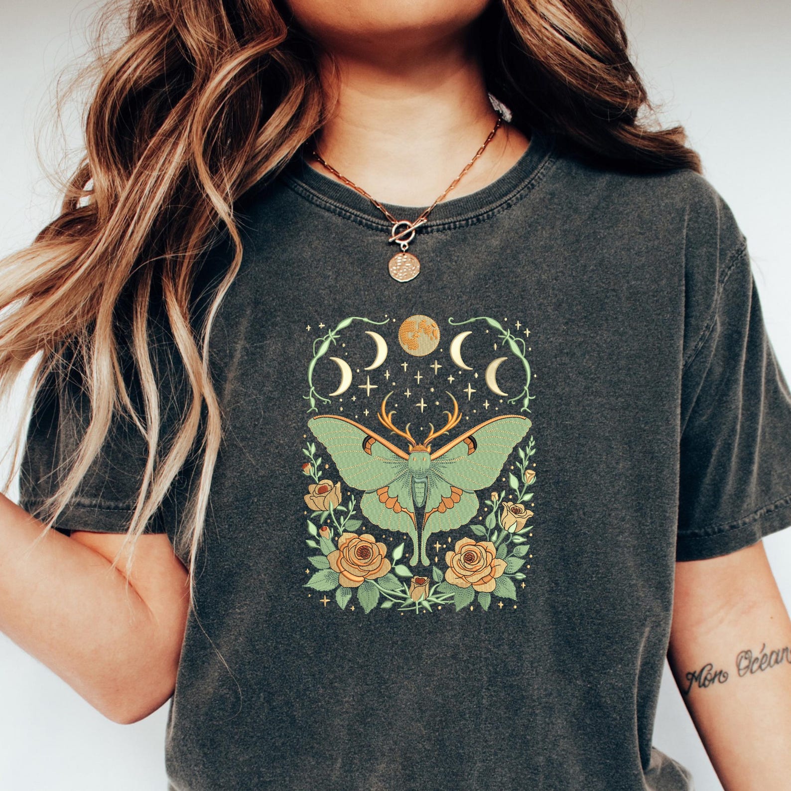 Celestial Moth Embroidery Design, Antler Moth With Roses, Boho Moon ...