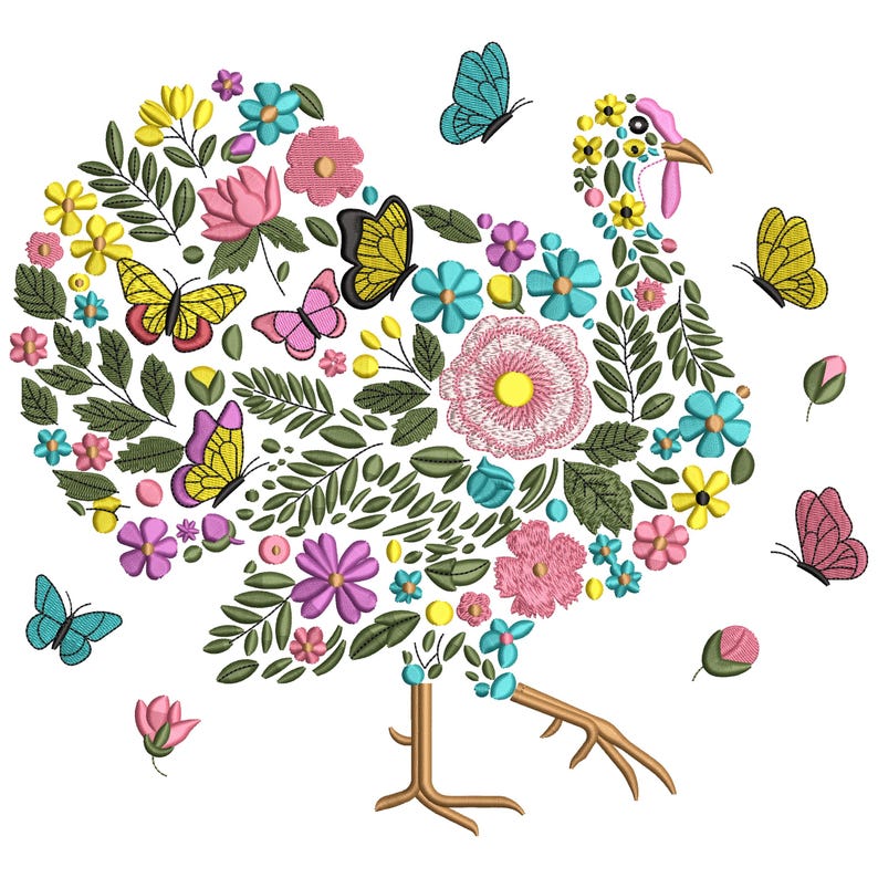 Boho Floral Turkey Embroidery Design, Autumn Bird With Butterflies ...