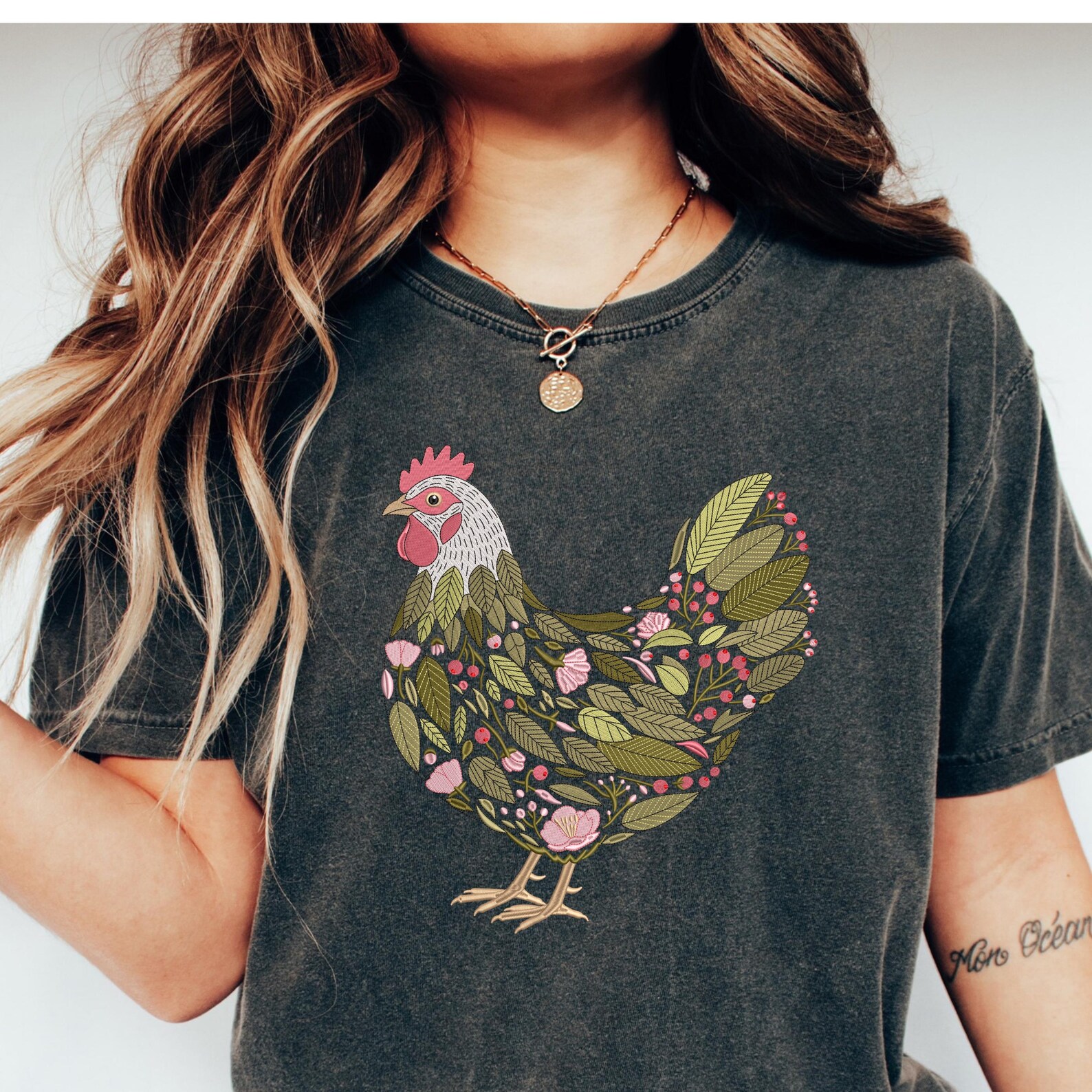 Chicken Embroidery Design, Leafy Floral Hen Machine Embroidery Pattern ...