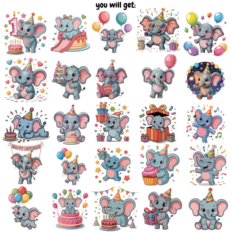 25 Cute Elephant Birthday Clipart PNG | Baby Elephant Party Graphics ...