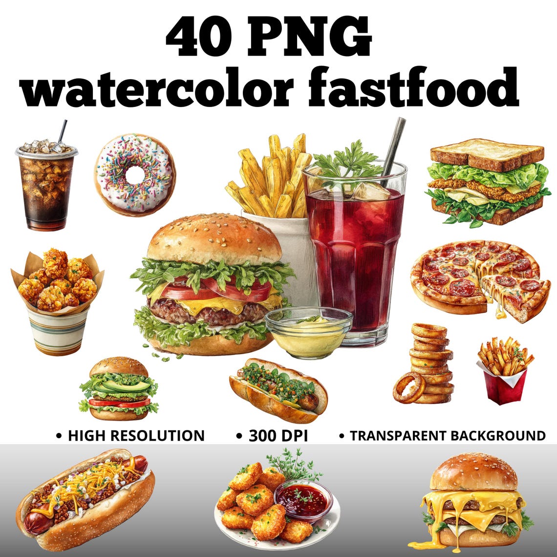 40 PNG Watercolor Fast Food Clipart | High-resolution 4096x4096px ...