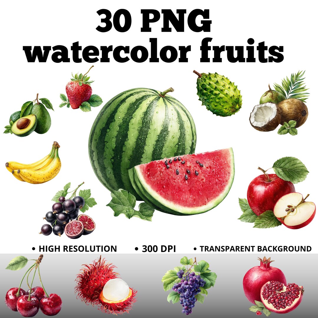 30 Watercolor Fruit Clipart PNG | Tropical & Exotic Fruits | High ...