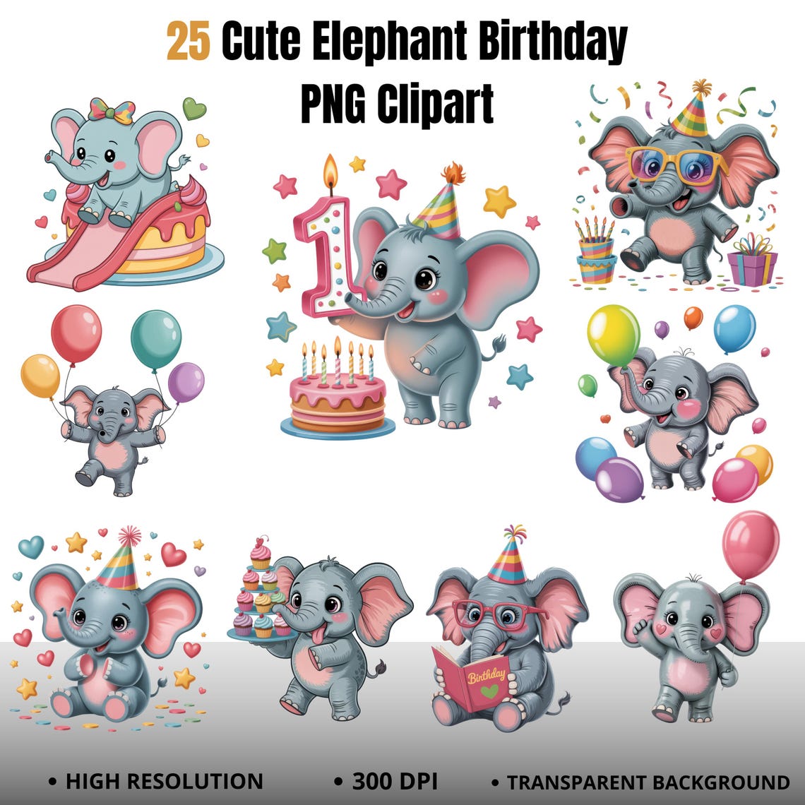 25 Cute Elephant Birthday Clipart PNG | Baby Elephant Party Graphics ...