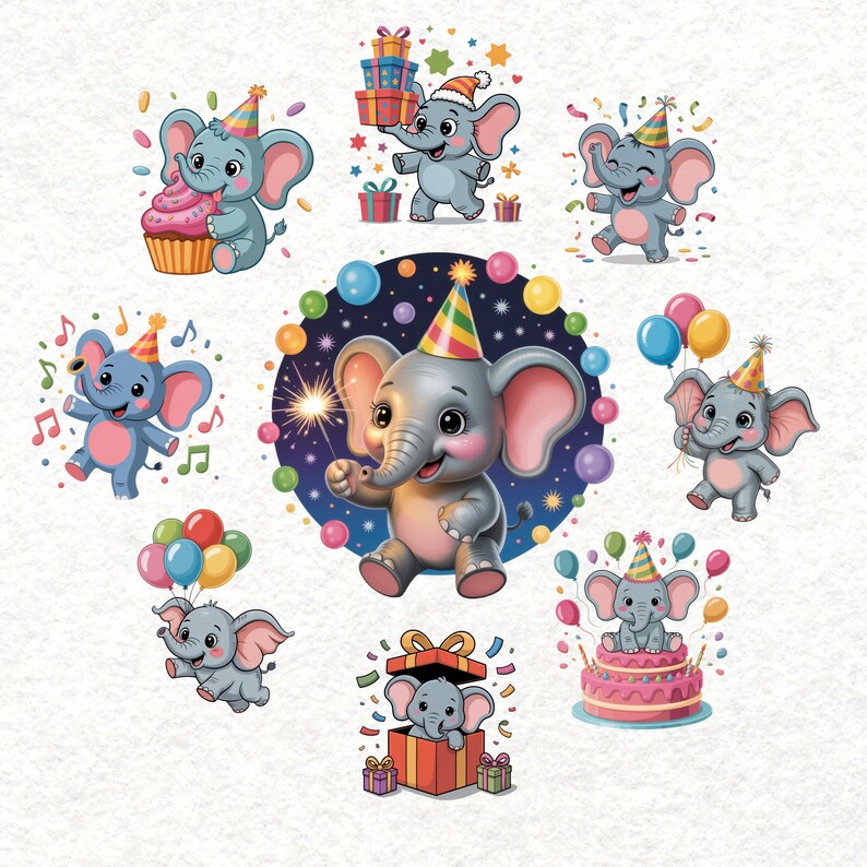 25 Cute Elephant Birthday Clipart PNG | Baby Elephant Party Graphics ...