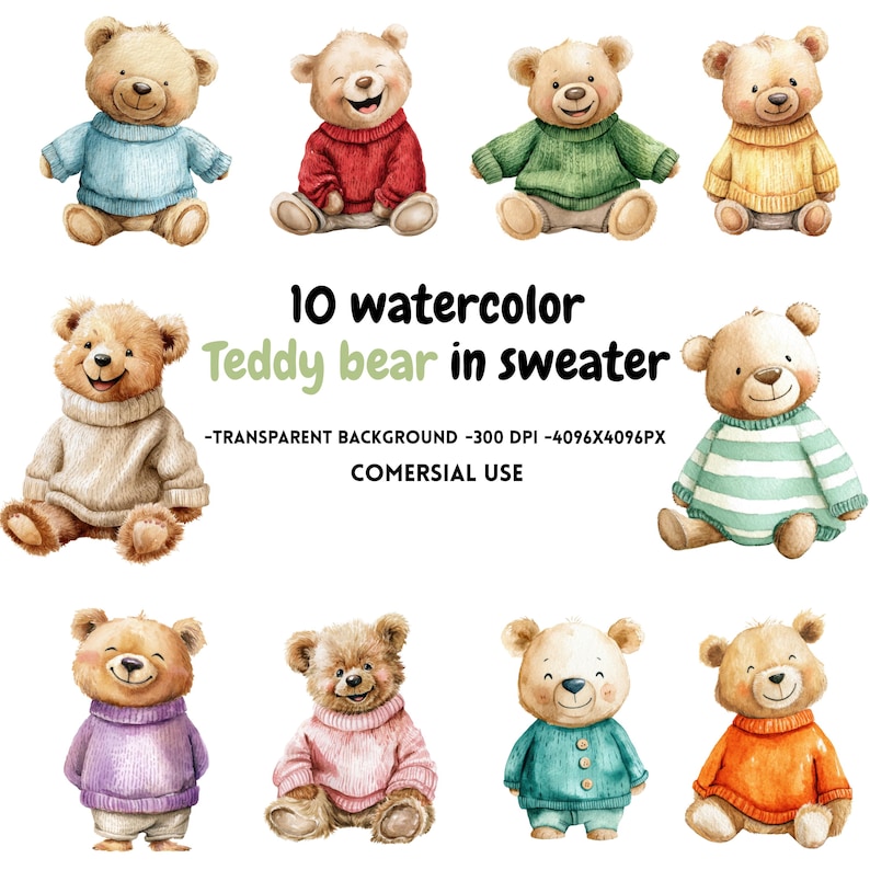 10 Watercolor Teddy Bear Clipart in Sweater | Cute Bear PNG ...