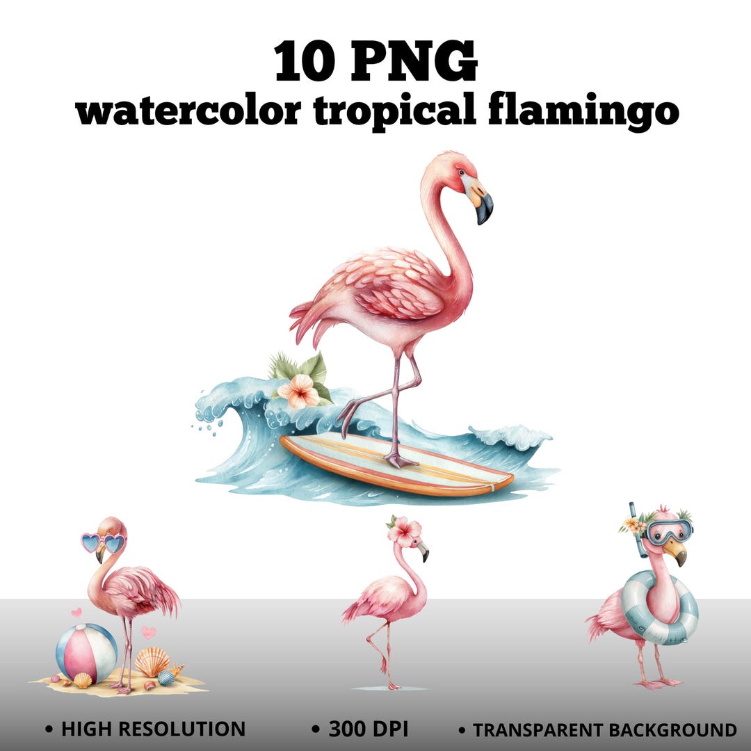 Watercolor Tropical Flamingo Clipart PNG Bundle | 10 High Resolution ...