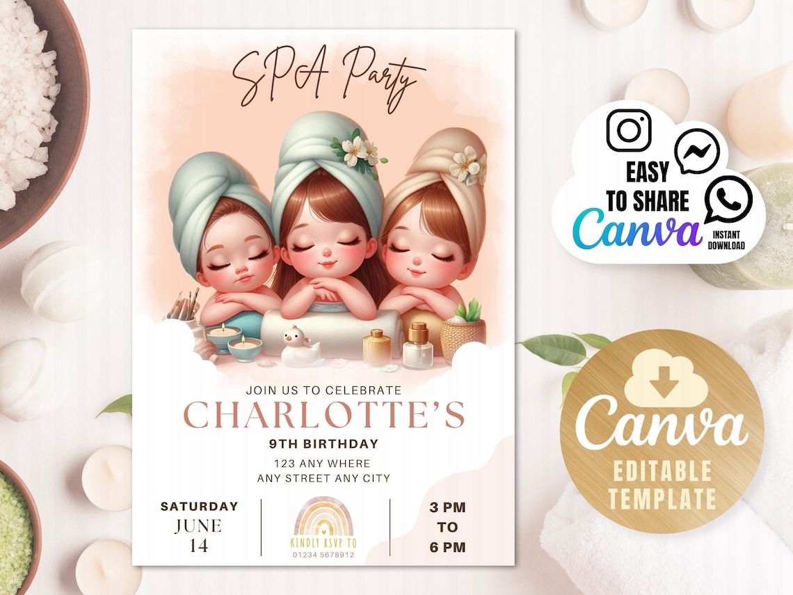 Spa Party Birthday Invitation Template, Pamper Party Birthday Printable ...