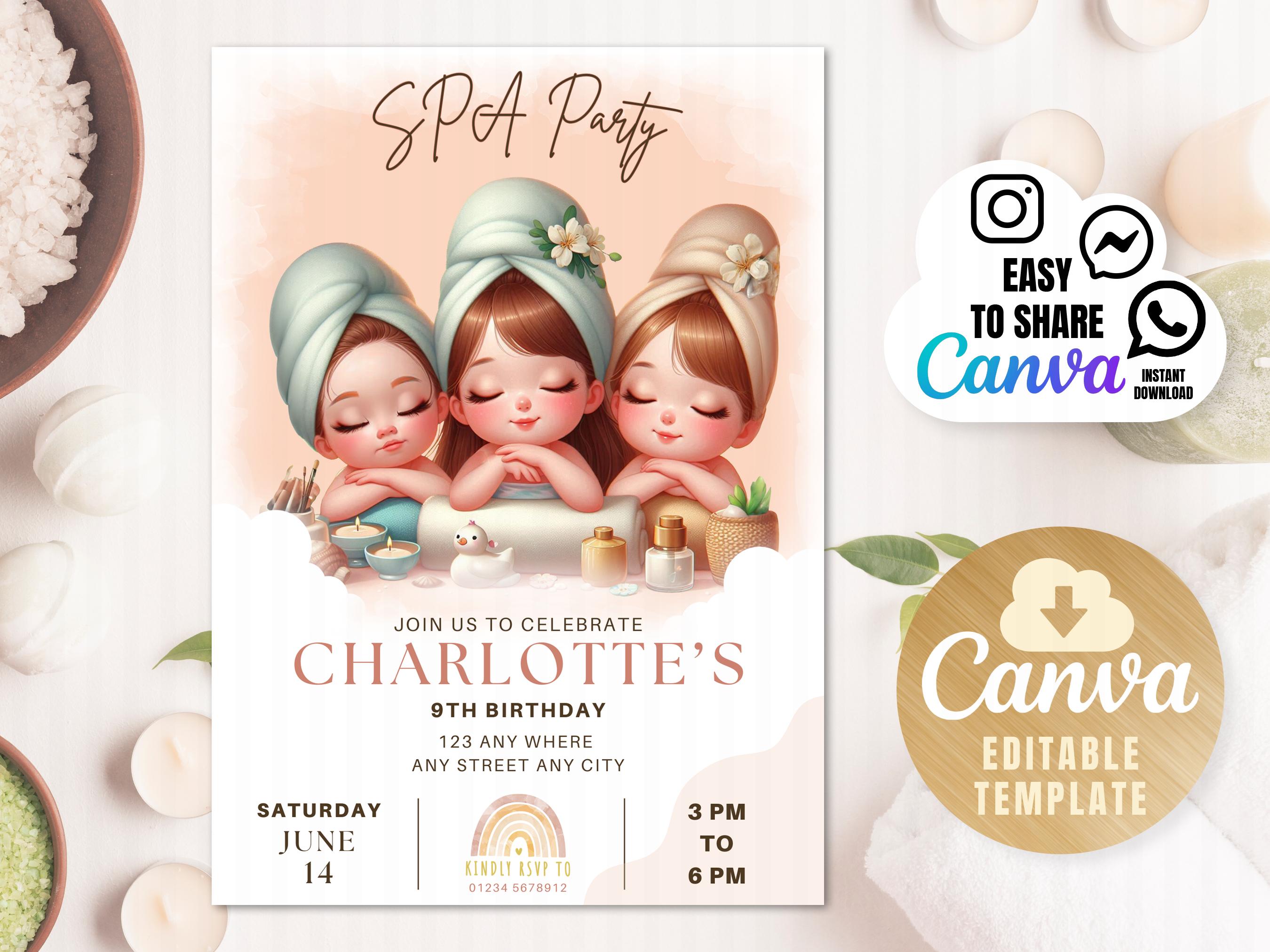 Spa Party Birthday Invitation Template, Pamper Party Birthday Printable ...