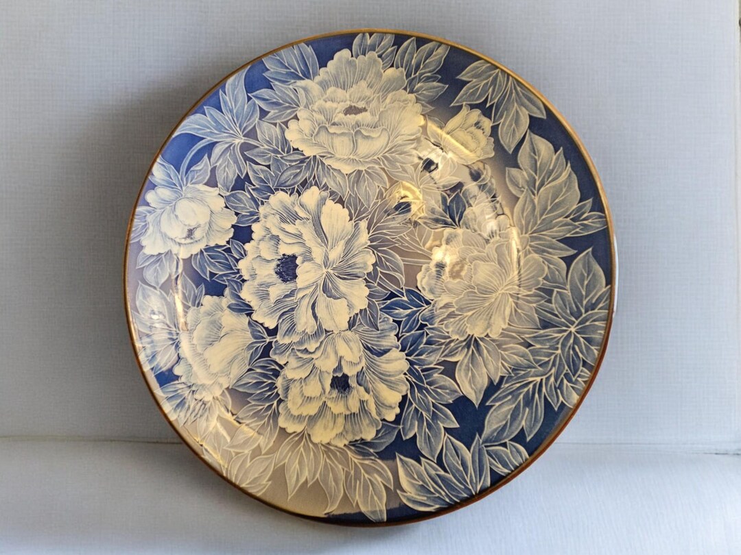 Japanese Blue White Peonies Charger Cake Plate Platter Mid Century Good ...