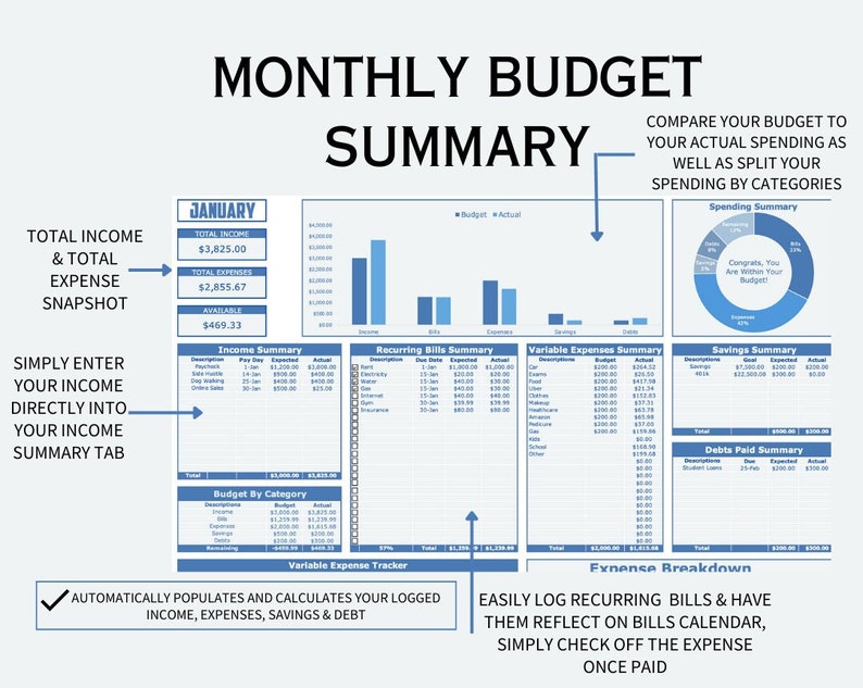 Monthly & Annual Budget Excel Spreadsheet Planner | Monthly Yearly ...