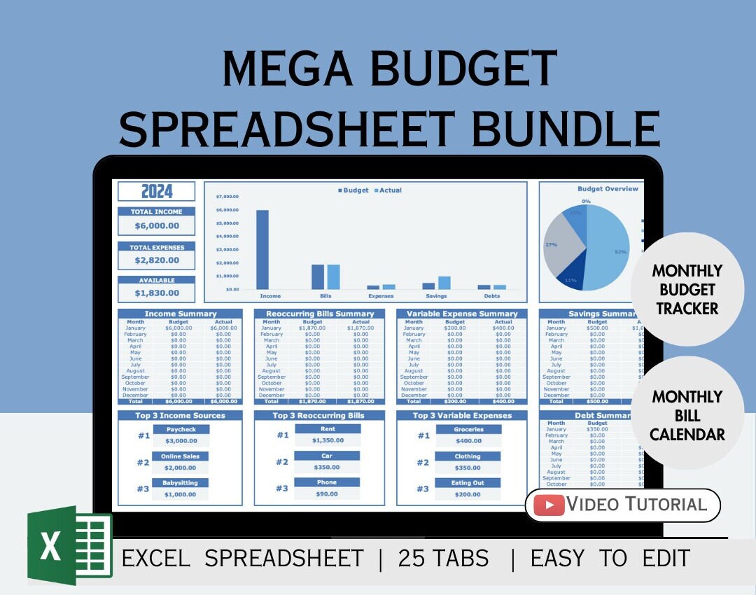 Monthly & Annual Budget Excel Spreadsheet Planner | Monthly Yearly ...