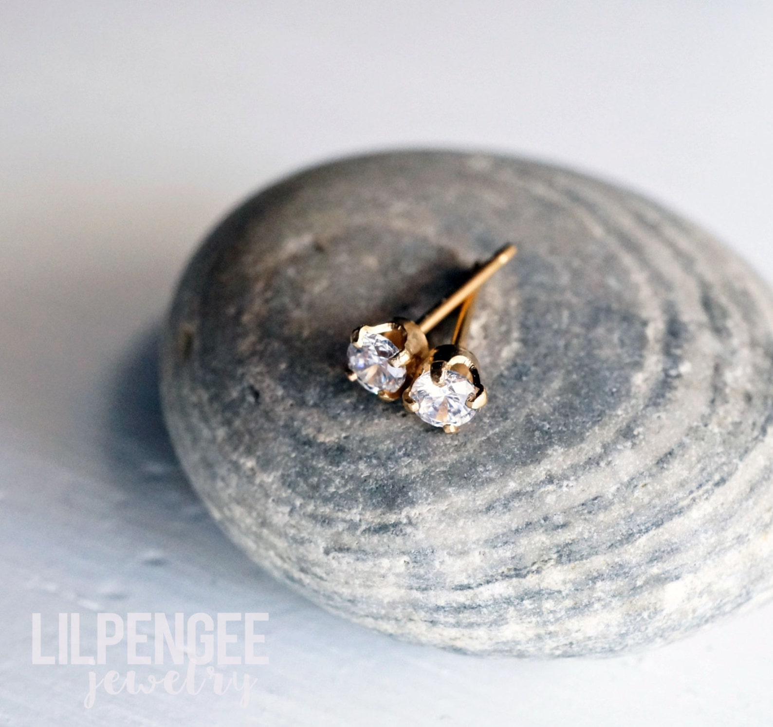 3mm Crystal CZ Studs. Gemstone Studs. Tiny Gem Earrings. Gold | Etsy