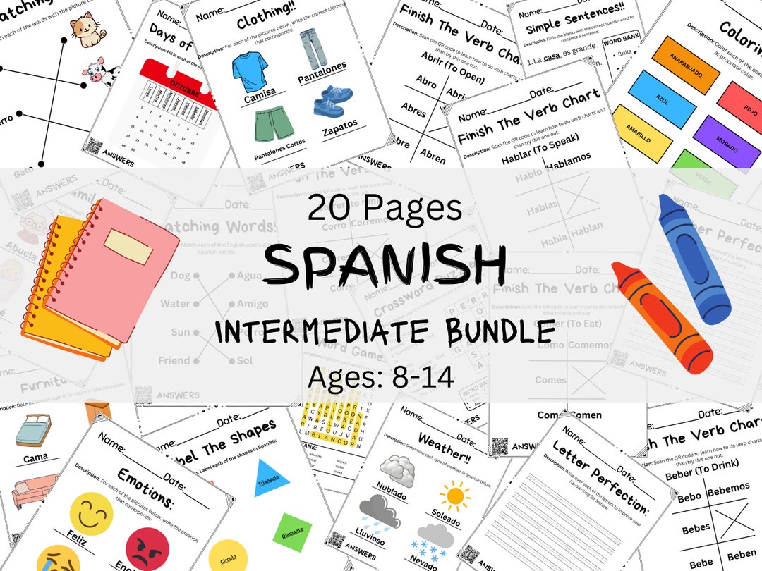 Spanish Bundle for Kids, 20 Pages | Spanish Intermediate to Middle ...
